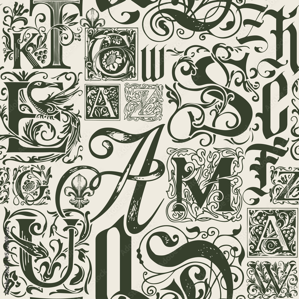 Vector seamless background pattern with hand-drawn initial and capital ...