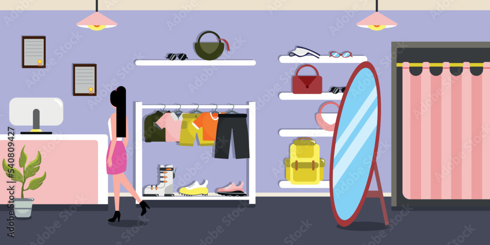 Vector illustration of a modern interior clothing store. Cartoon ...