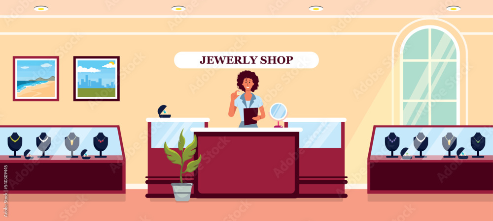 Vector illustration of a modern interior jewelry store. Cartoon ...