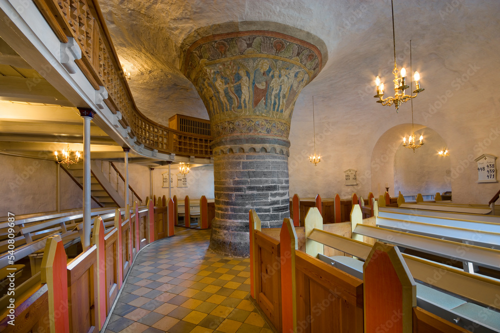 Interior of defensive round church in Nylars, Denmark. It is one of ...