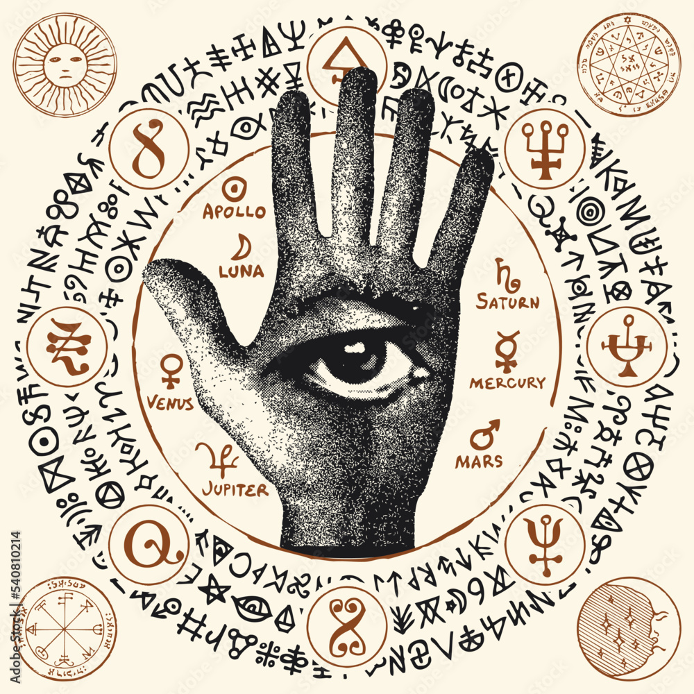 occult round sign with a human hand with the Masonic symbol of the all ...