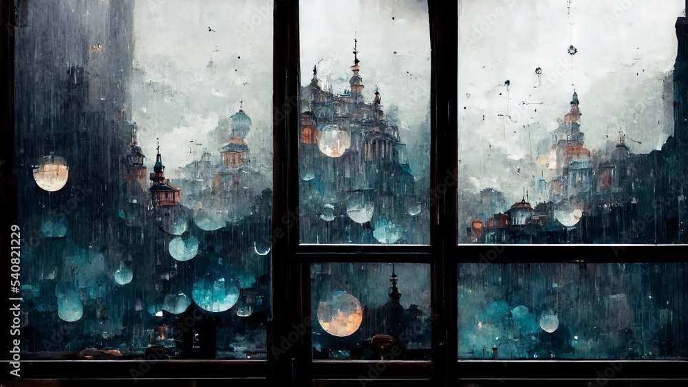 rain droplets on window looking at city wallpaper HD gloomy day Stock-Illustration | Adobe Stock
