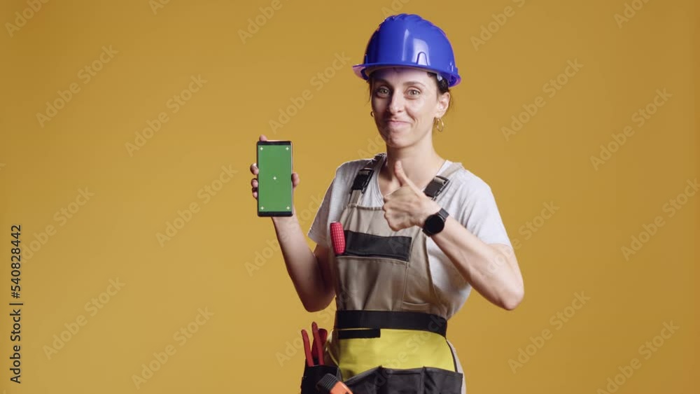 Powerful woman contractor pointing at greenscreen display on smartphone ...