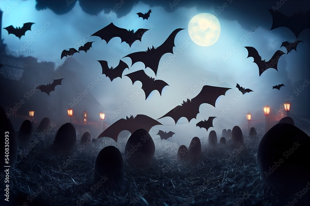 vampire bats flying on a cemetery field of a dark forest lit by the ...