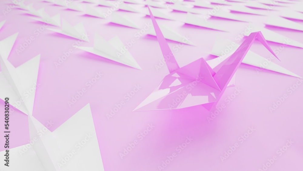 Origami of pink crane and many white airplanes on pink board under ...