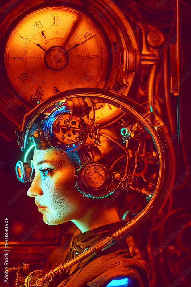 fantasy steampunk time machine, surrealist portrait, mechanical head ...