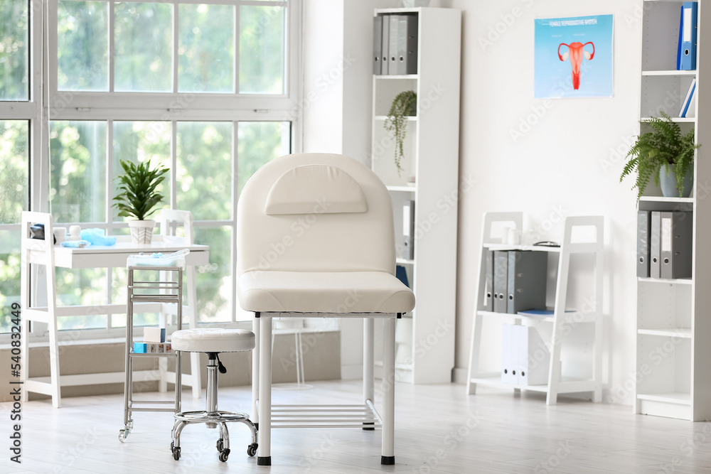 Interior of modern gynecologist office with couch and table with ...