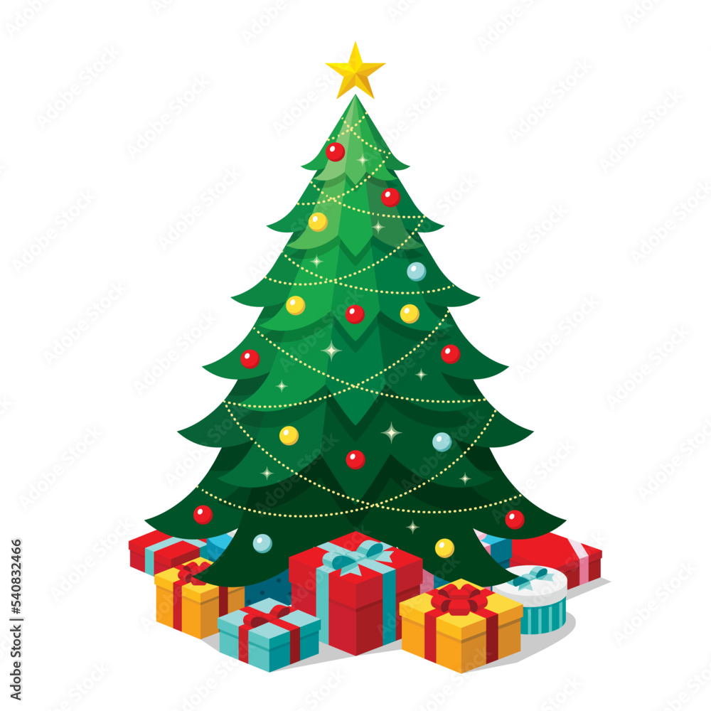 Simple green Christmas tree with colourful presents seasonal theme ...