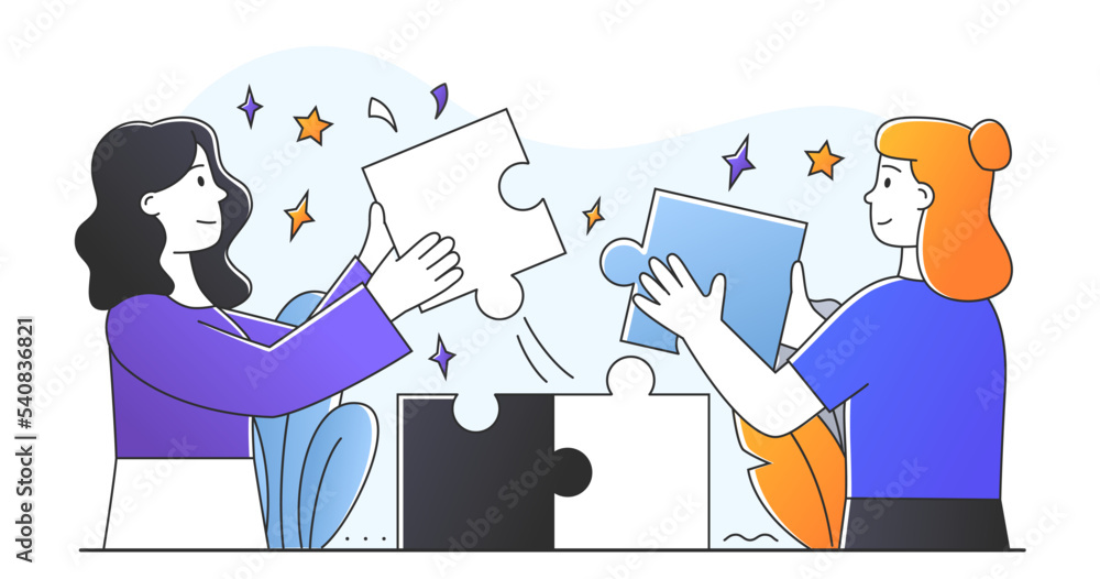 People putting puzzle. Metaphor of teamwork and partnership. Women put ...