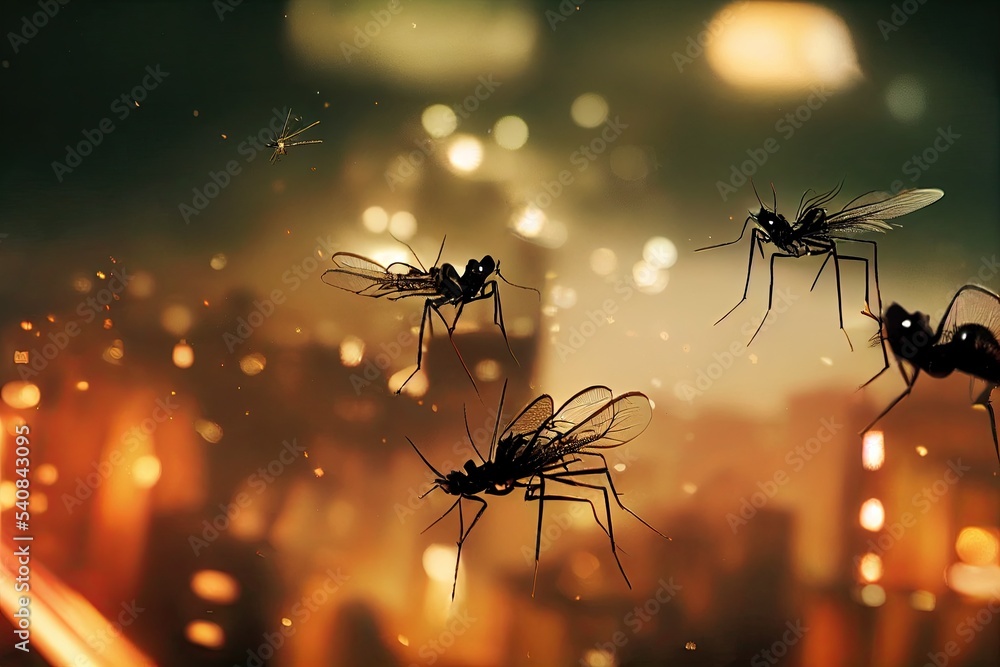 mosquitoes flying by city lights. Eight known diseases transmitted by ...