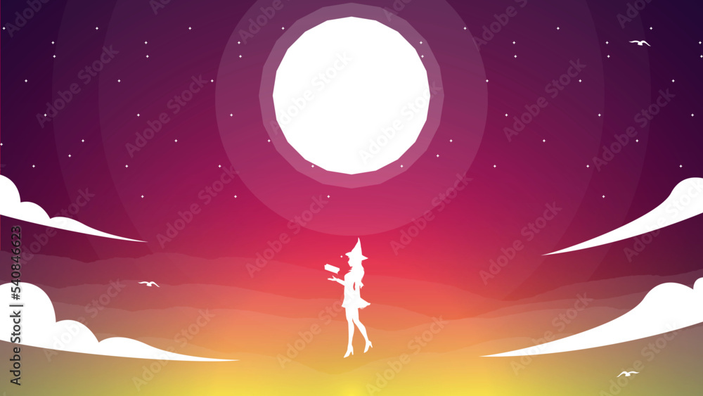 floating witch with magic book in hand. witch walpaper. sunset ...