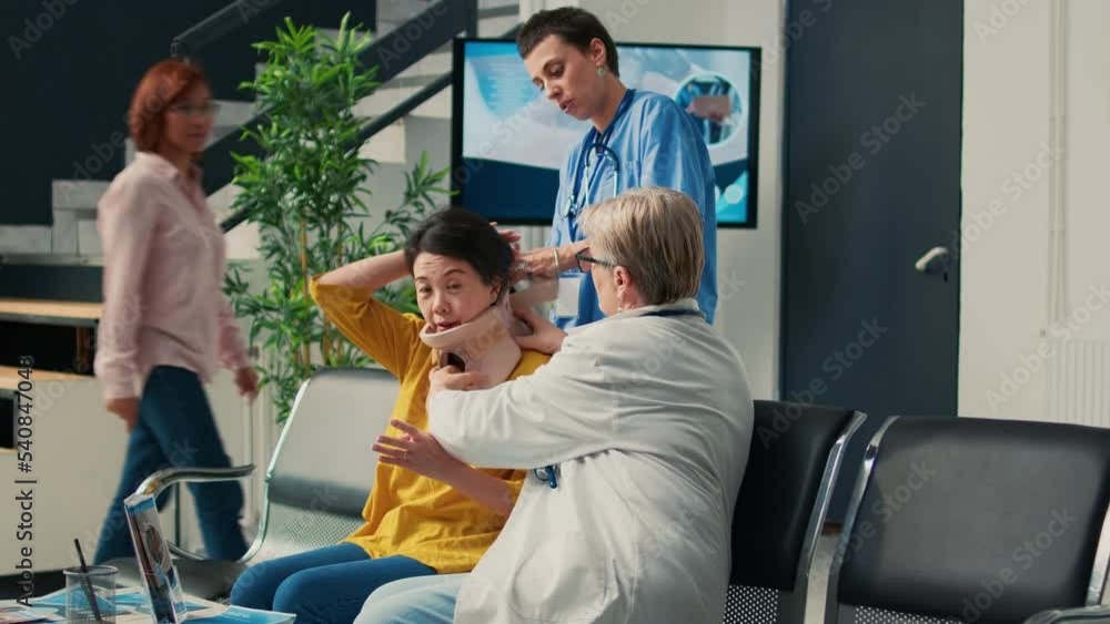 Vídeo do Stock: Medical staff helping asian patient to take off neck ...