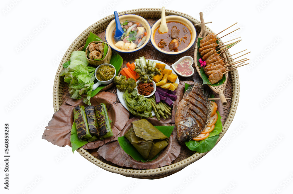 Traditional rattan tray of tribal food in the north of Thailand Stock ...