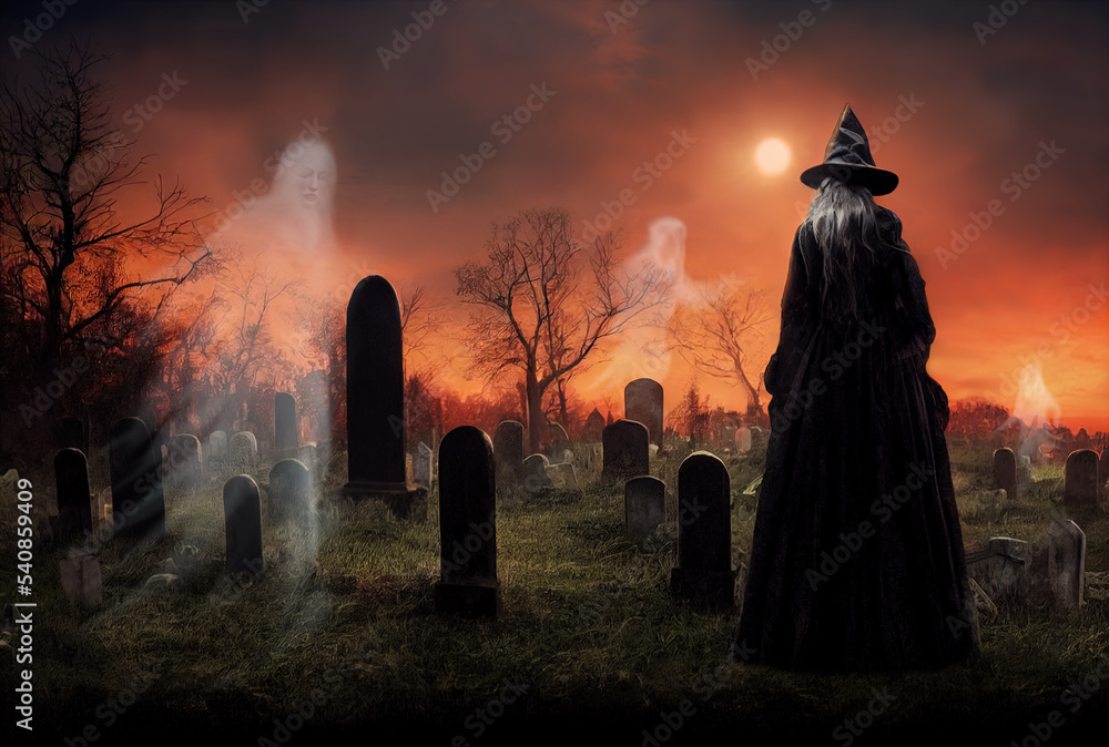 The witch in the cemetery summons ghosts. Realistic digital ...