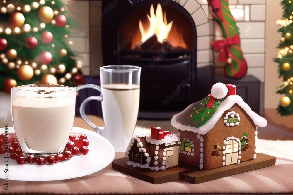 gingerbread cookie and gingerbread house and glass of milk on coffee ...