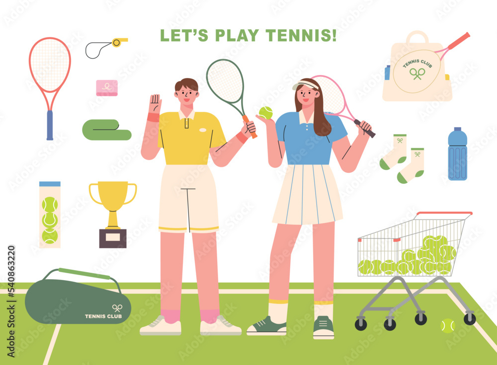 Male and female characters wearing tennis jerseys and holding racquets ...