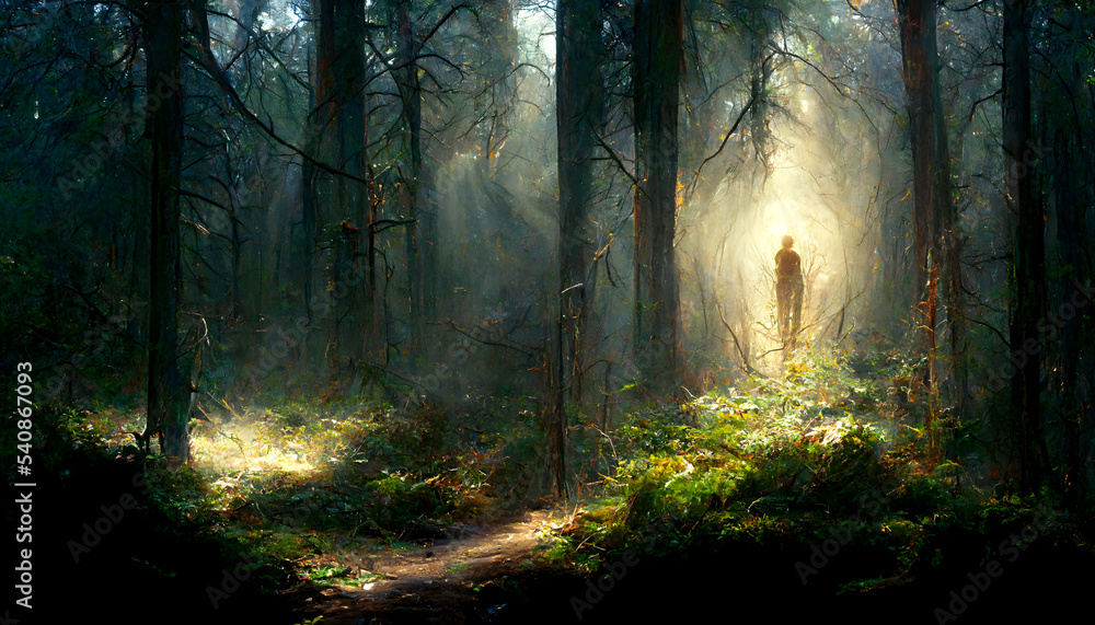 human figure silhouette in forest backlit mist, neural network ...