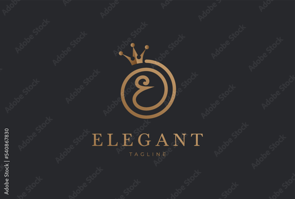 Letter E Logo, elegant letter E with crown in gold colour, vector ...