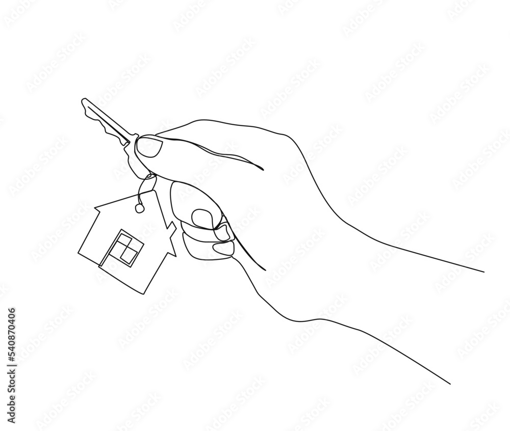 Continuous one line drawing of hand holds the keys to the house. House ...