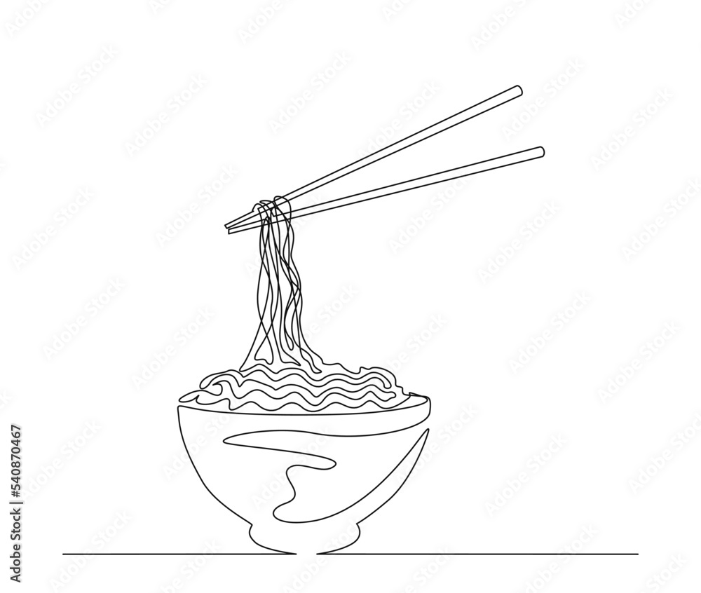 Continuous one line drawing of asian noodle in the bowl. Ramen single ...