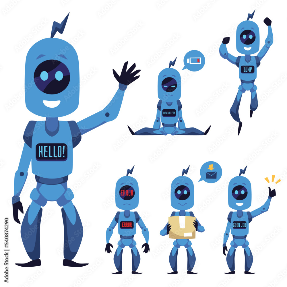 Cute mascot robot set, AI with various emotions and situations - flat ...