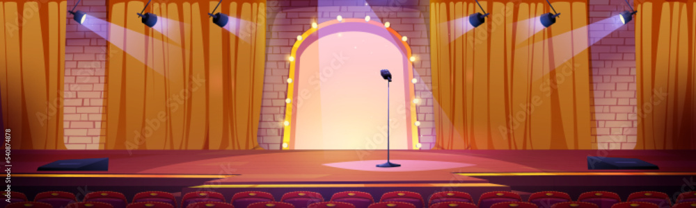 Concert hall, tv studio, karaoke or comedy show stage with microphone ...