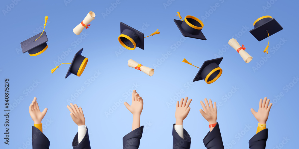 Happy students throw up graduation caps and certificate scrolls in air ...