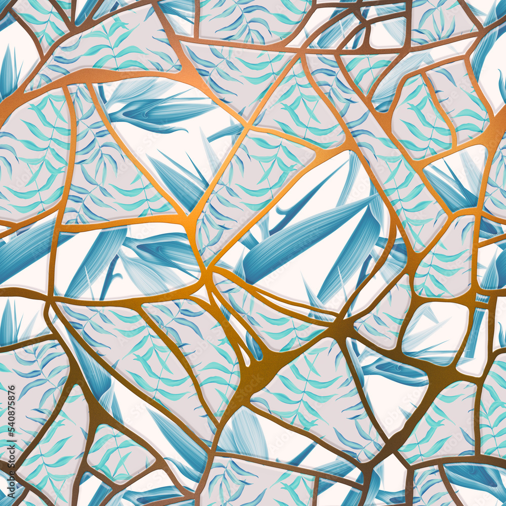 Kintsugi. Seamless pattern. Floral art with metal cracks. Abstract ...