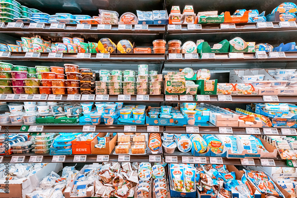 25 July 2022, Munster, Germany: Dairy and milk products and yoghurt ...