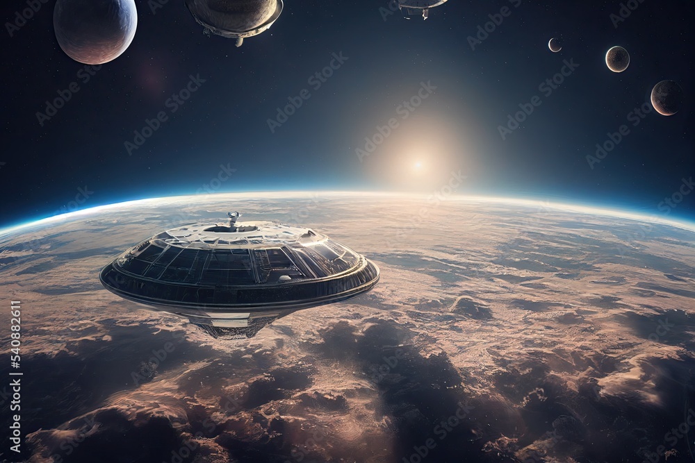 Alien flying saucer in planet Earth space. UFOs, unidentified flying ...