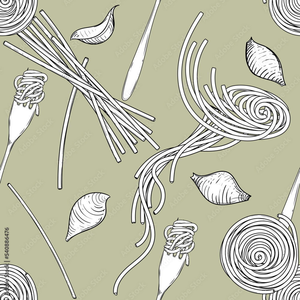 Hand drawn seamless pattern black and white of pasta, spaghetti. Vector ...