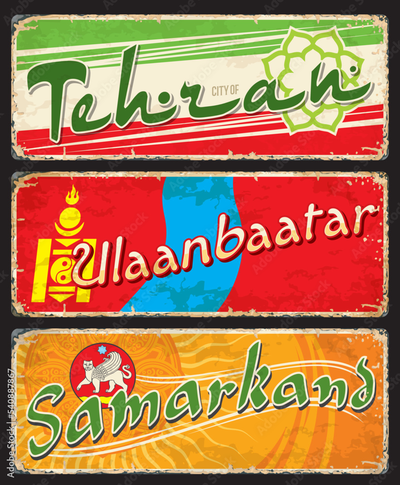 Tehran, Ulaanbaatar, Samarkand city travel stickers and plates, vector ...