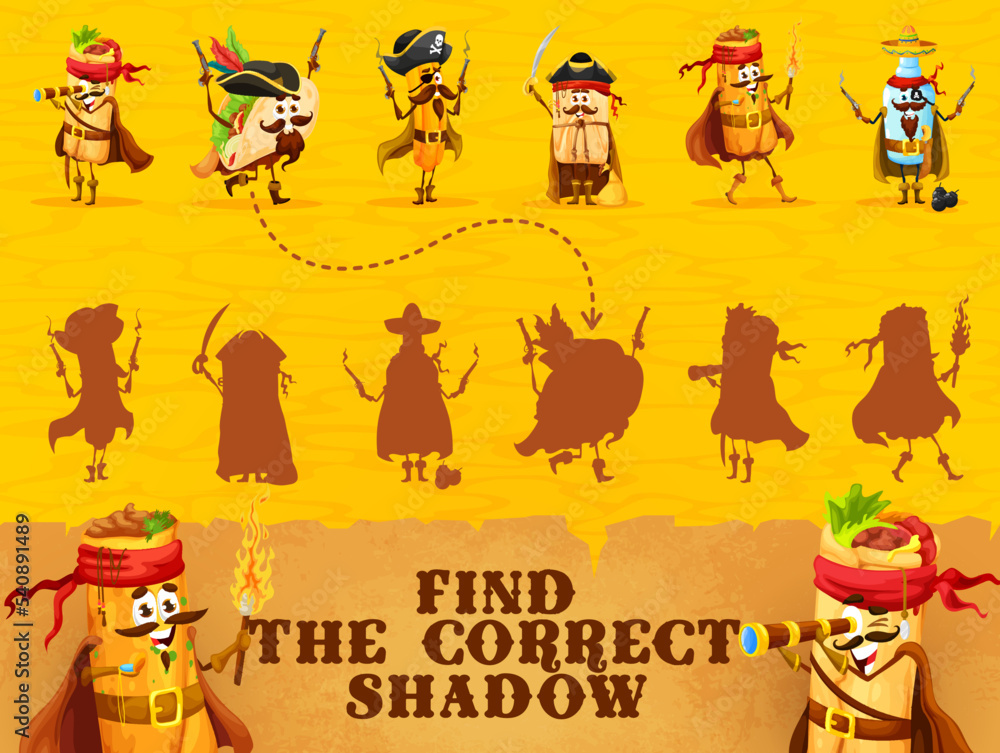 Find the correct shadow of cartoon mexican food pirate and corsair ...