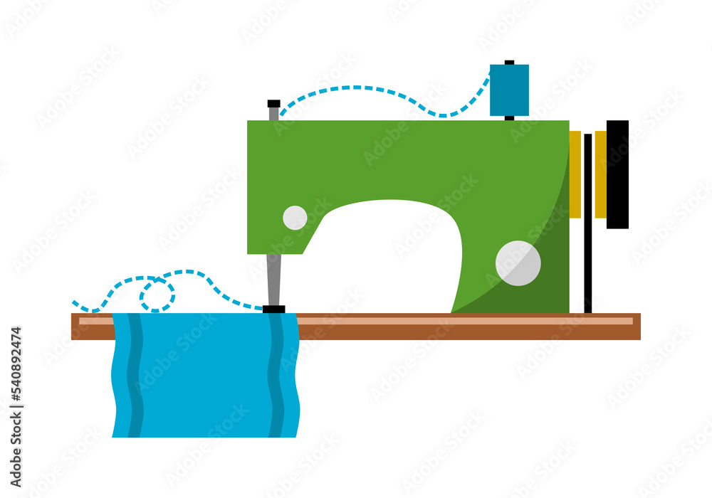 Green vintage industrial sewing machine with blue dotted line thread ...