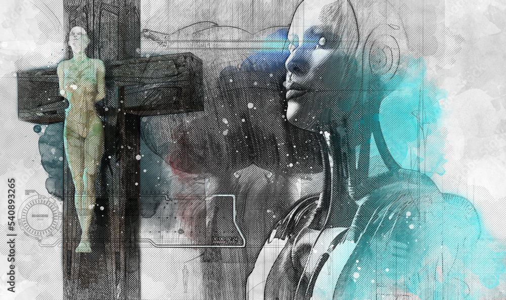 3d illustration - cross on front and cyborg angel of death and urban ...