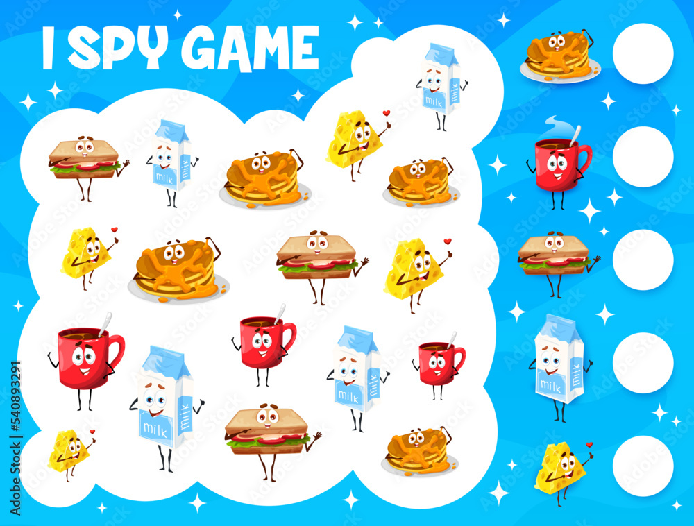 I spy game. Breakfast food, snack and dairy cartoon characters. Child ...