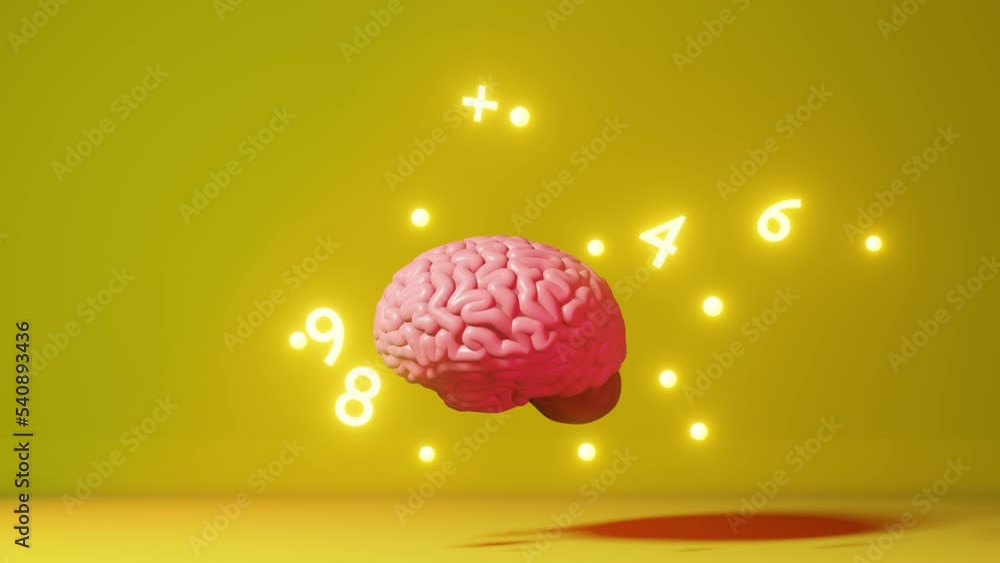 Human brain numbers math symbols yellow background 3d animation ...