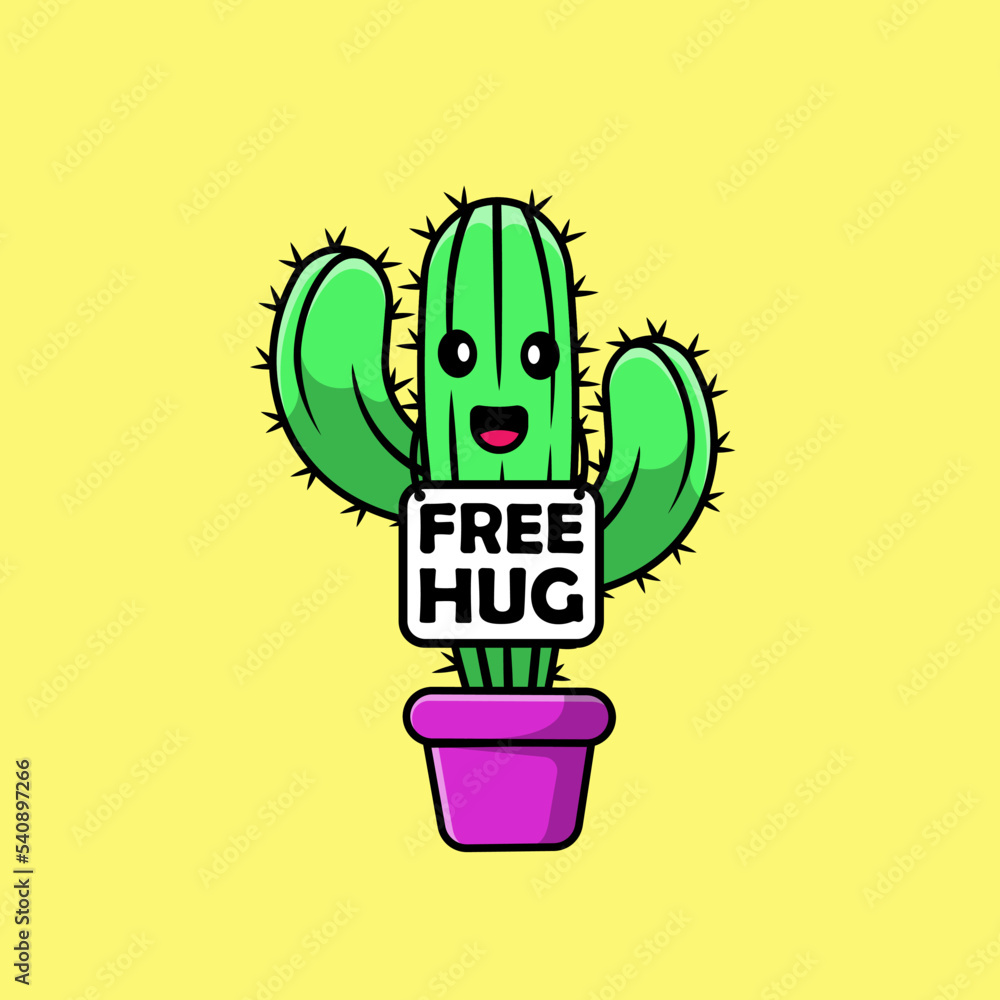 Cute Cactus With Free Hug Board Cartoon Vector Icons Illustration. Flat ...