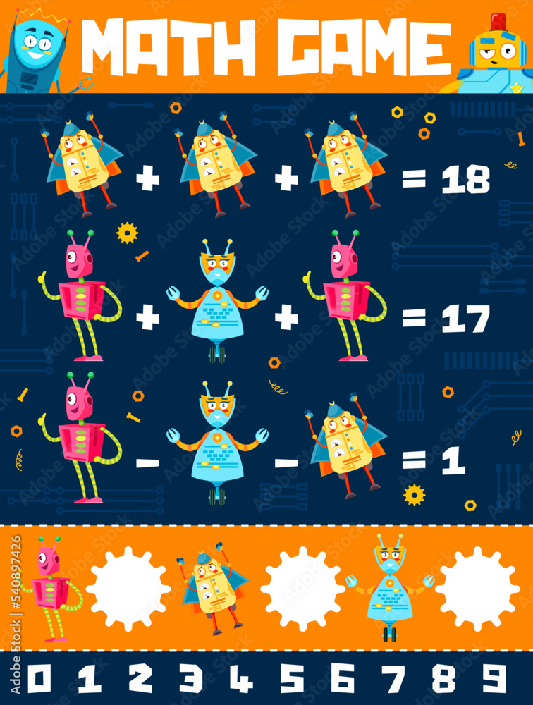 Cartoon robots and droids math game worksheet. Educational vector maze ...