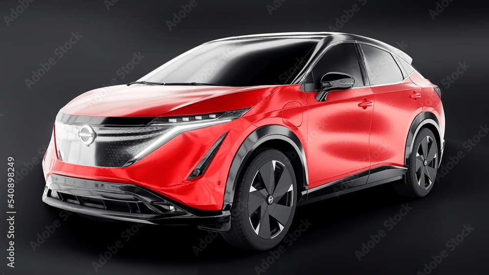 Tokyo. Japan. September 25, 2022. Nissan Ariya 2020. Red electric SUV ...
