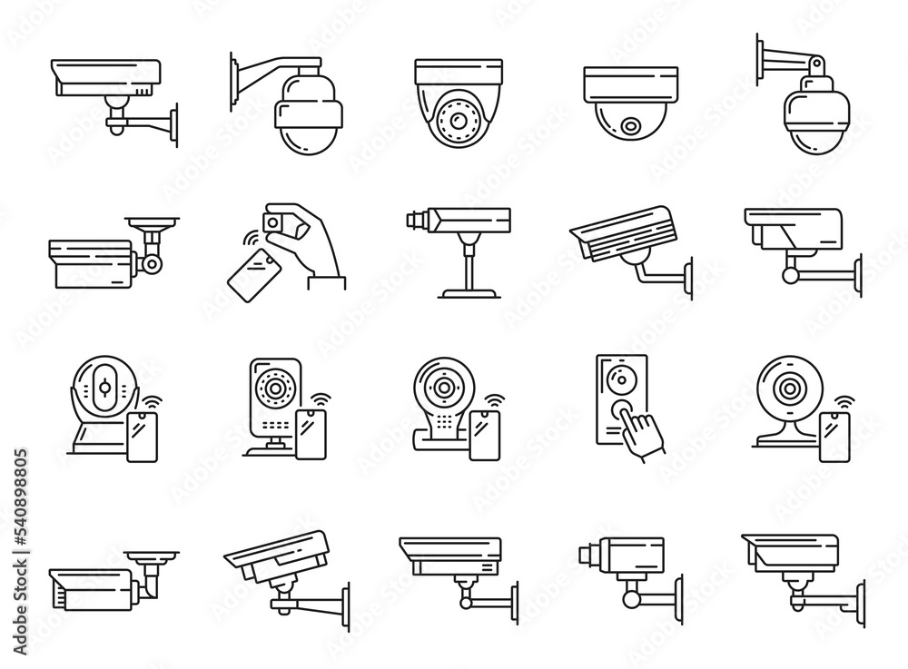 CCTV icons, camera for security surveillance and video control, vector ...