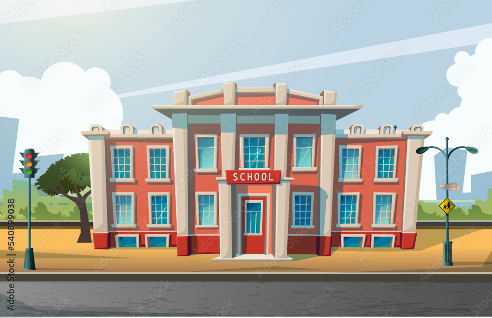 Vector cartoon illustration. School building on a city scape background ...