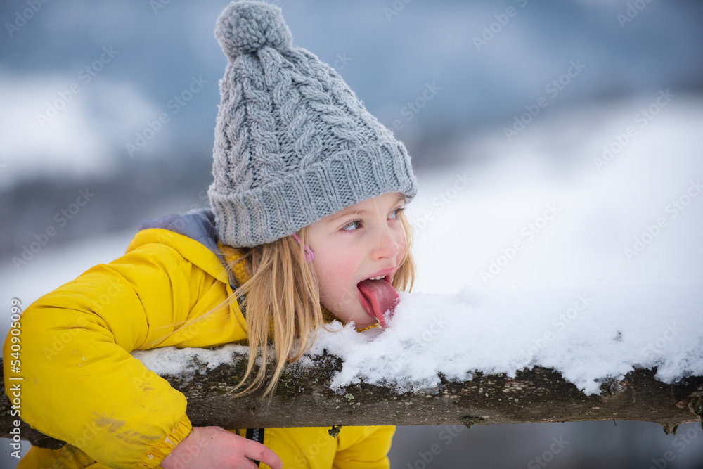 Winter girl eating snow outdoor. Funny christmas kids lick snow with ...