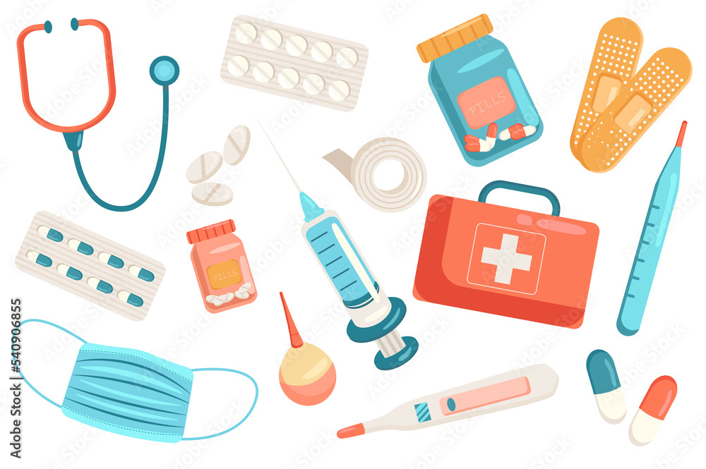 Medicine cute elements isolated set. Collection of stethoscope, first ...