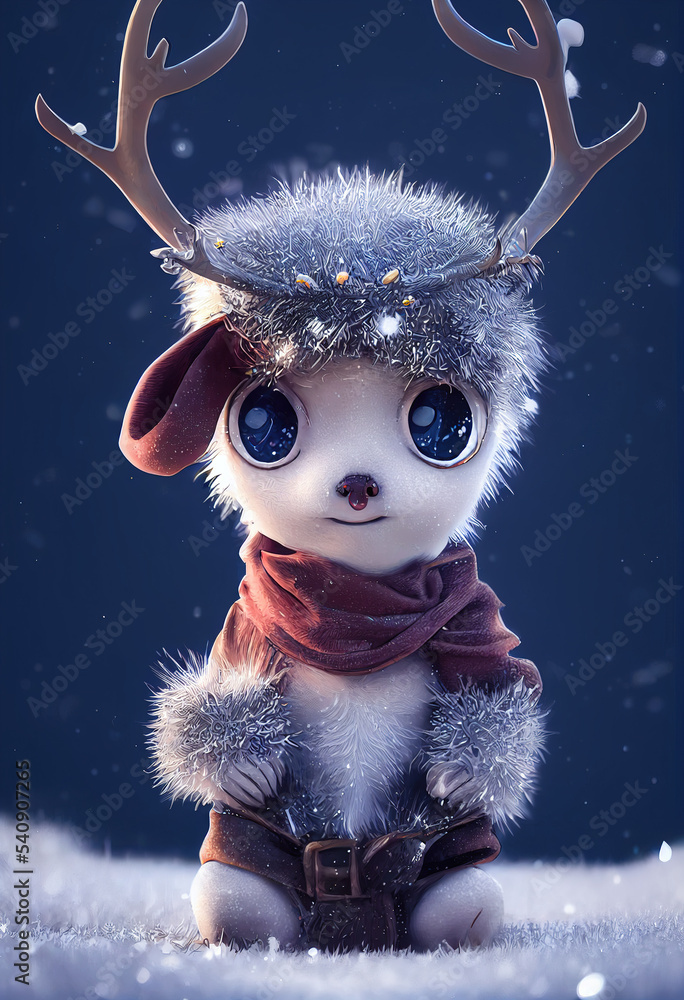 Cute baby Rudolph the reindeer wearing a scarf, winter character, anime ...