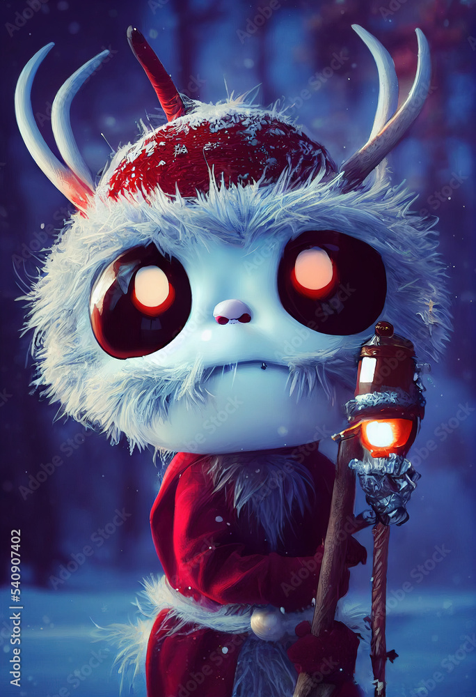 Cute Krampus with big eyes dressed as Santa Claus with lantern, winter ...