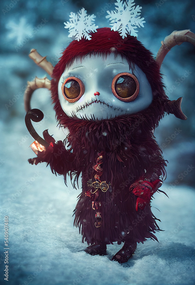Cute Krampus skull wearing furry clothes on the snow, winter character ...