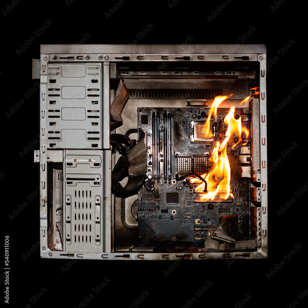 a burning system unit from a computer from a short circuit and a power ...