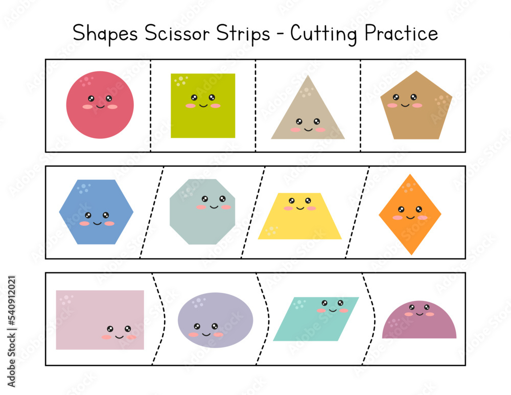 Cutting practice game for kids. Shapes scissor strips for preschool and ...