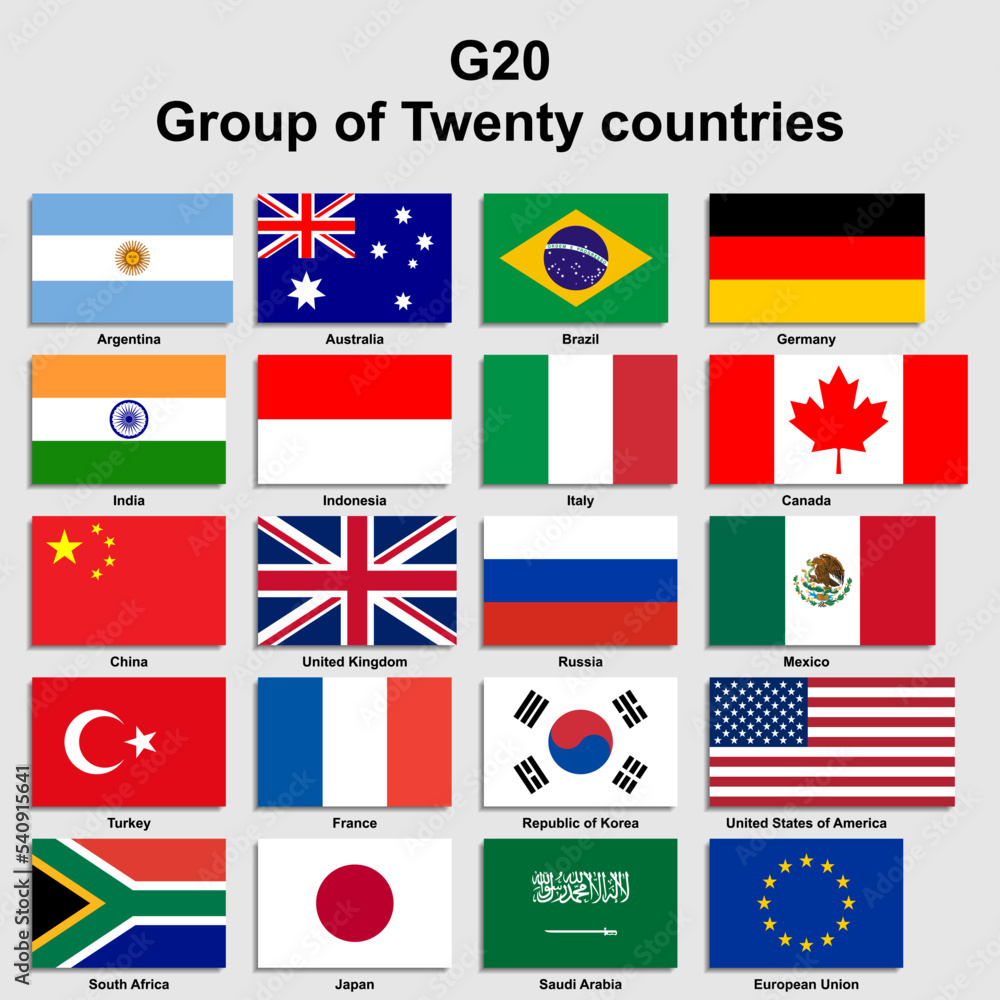 Set flags G20 with names. Vector illustration Stock Vector | Adobe Stock